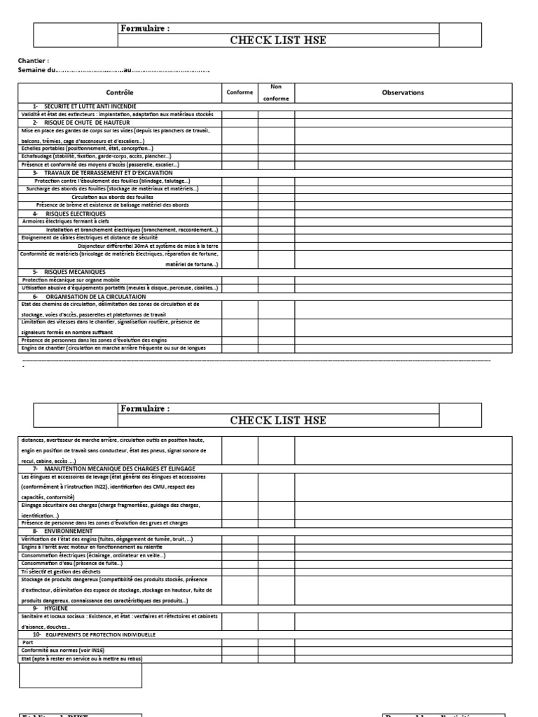 Check List Hebdomadaire HSE | PDF