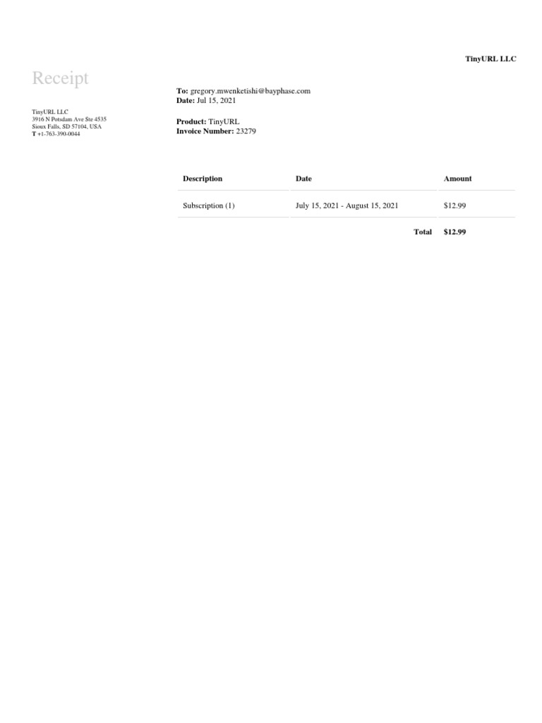 Receipt: Tinyurl LLC | PDF