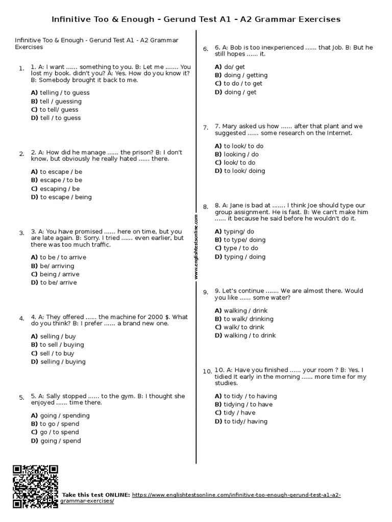 Infinitive Too & Enough - Gerund Test A1 - A2 Grammar Exercises | PDF