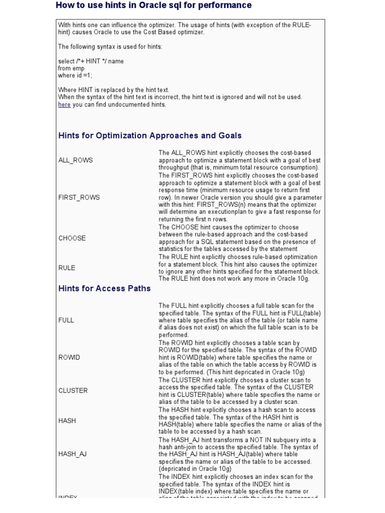 How To Use Hints in Oracle SQL For Performance | PDF | Database Index ...