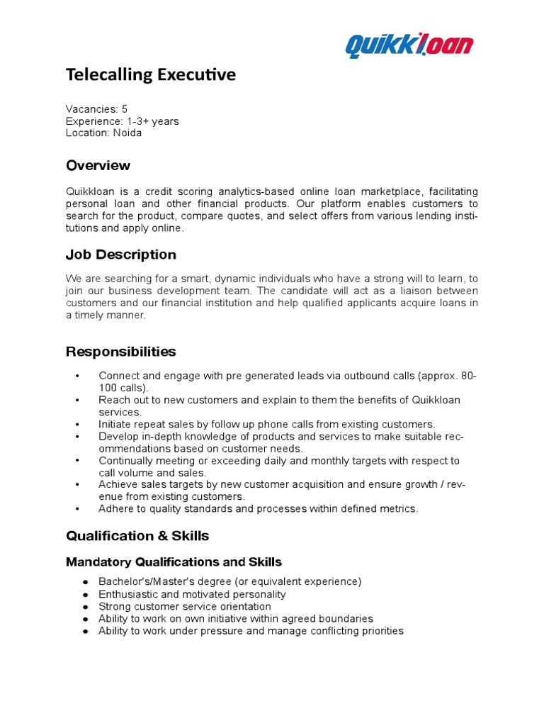 Job Descriptions-Quikkloan-TeleCalling | PDF | Human Nature | Communication