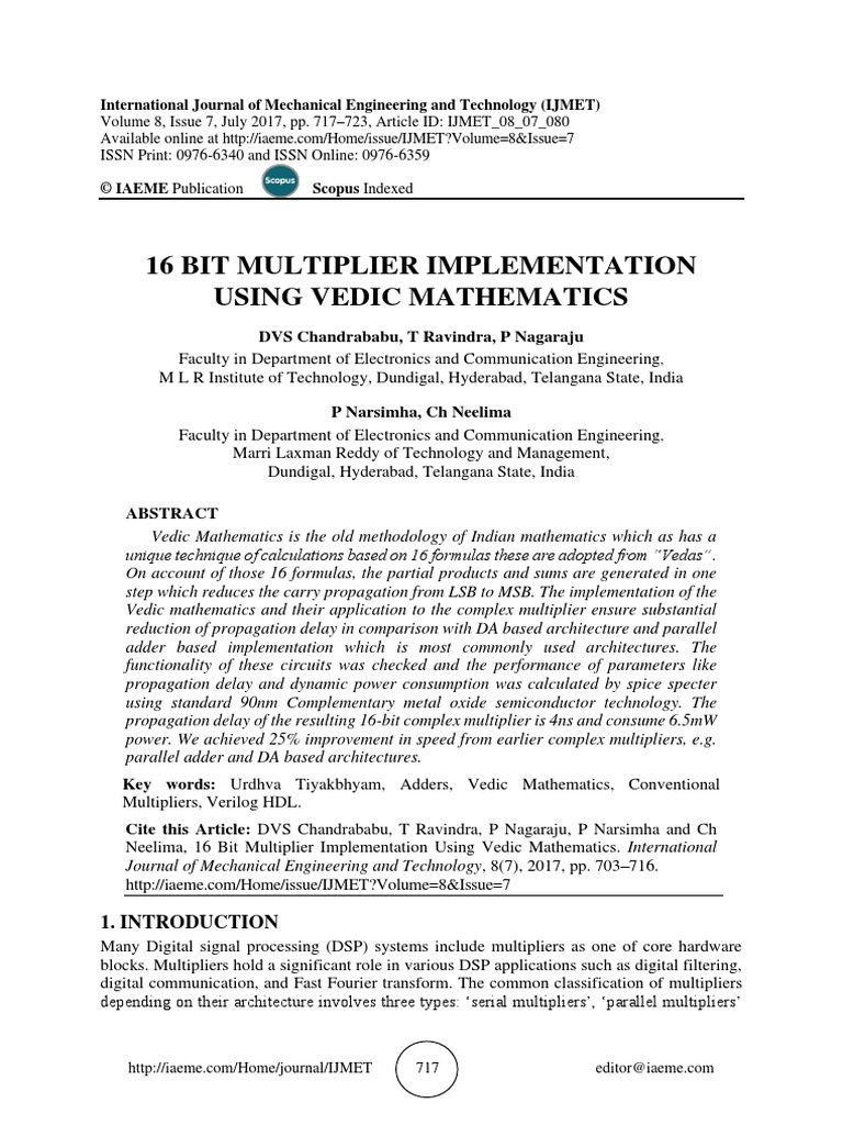 16 Bit Multiplier Implementation Using Vedic Mathematics: DVS ...