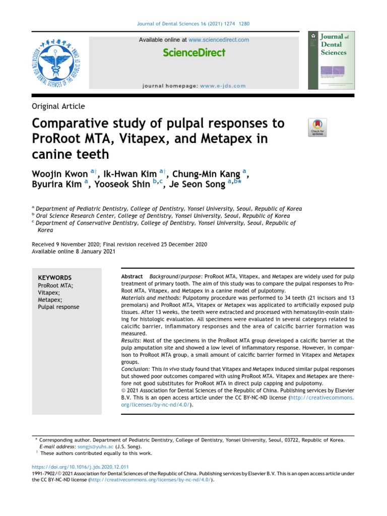 Comparative Study of Pulpal Responses To Proroot Mta, Vitapex, and ...