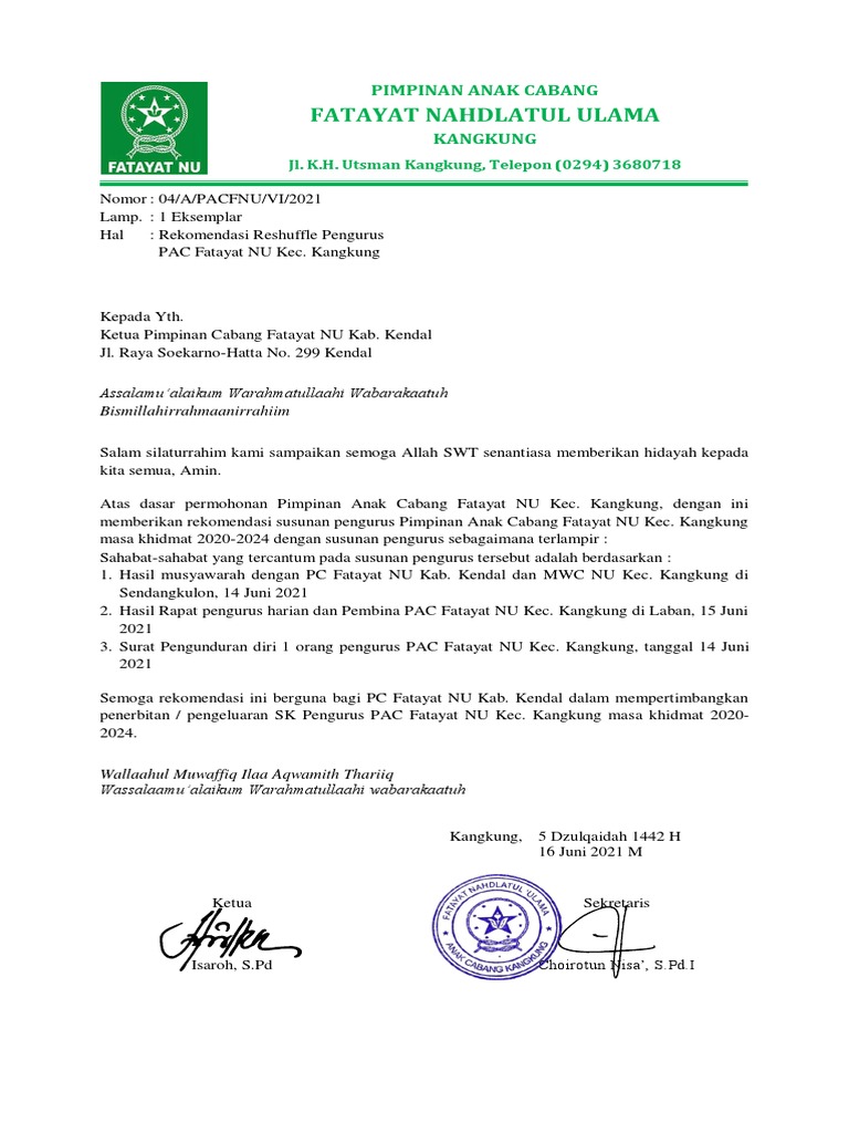 Rekomendasi Pengurus PAC Fatayat NU | PDF