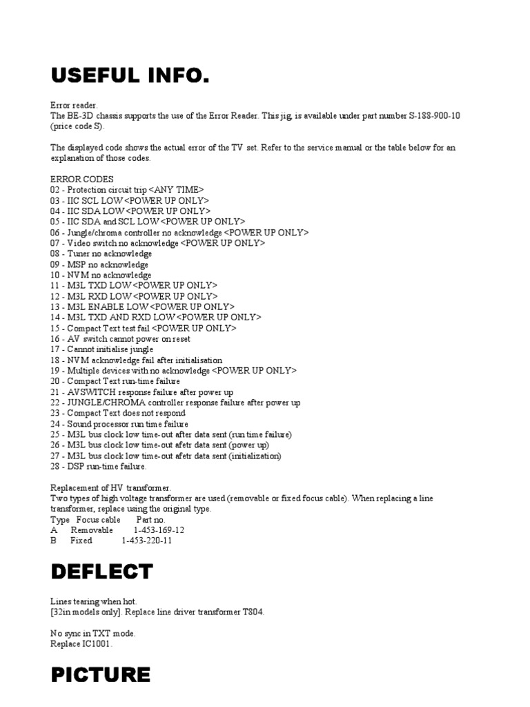 Sony Chassis Be3d Service Tips Pdf Electricity Manufactured Goods