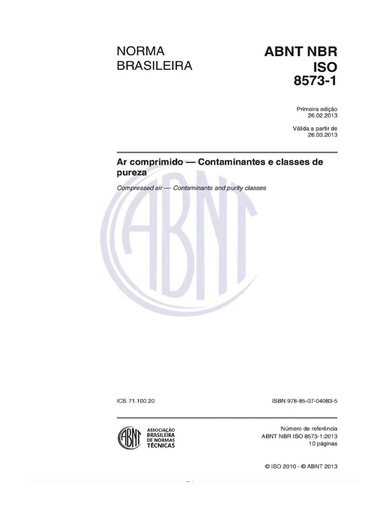 ISO 8573-1 de 02.2013 - Ar Comprimido - Contaminantes e Classes de ...