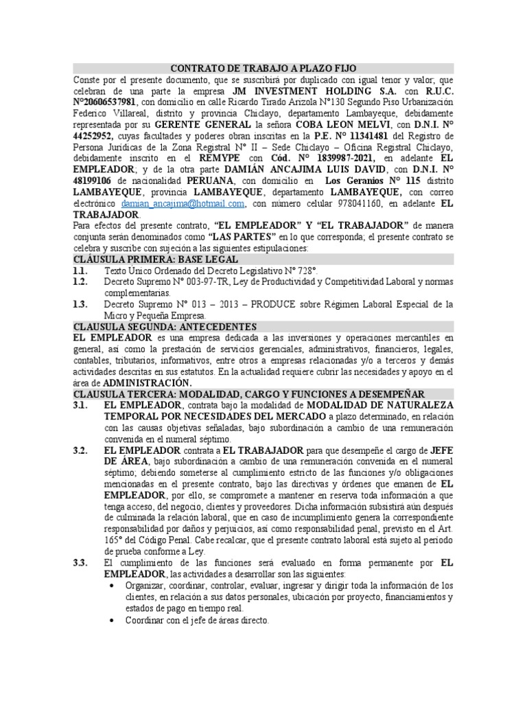 Modelo Actualizado A Plazo Determinado | Descargar gratis PDF | Derecho laboral | Salario
