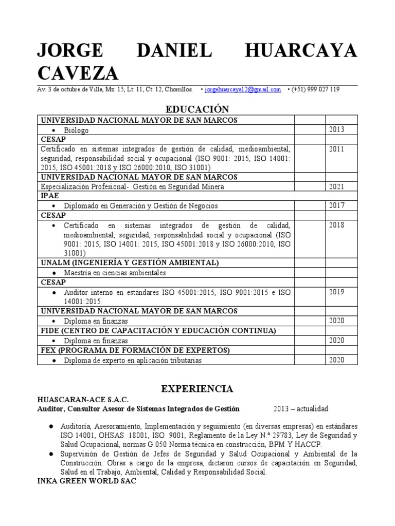 Jorge Daniel Huarcaya Caveza-Cv | PDF