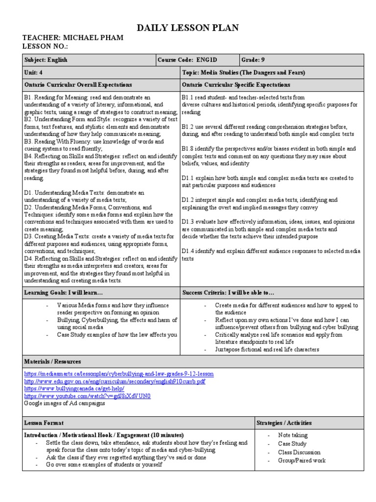 Daily Lesson Plan: Teacher: Michael Pham Lesson No. | PDF ...