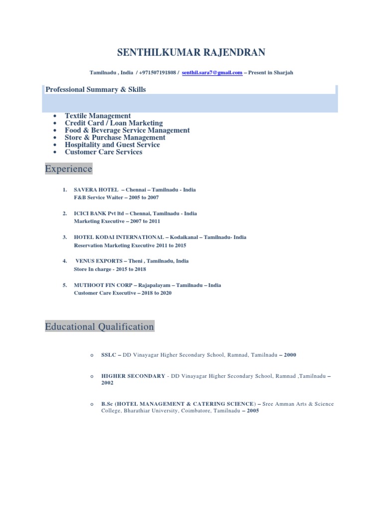 Senthilkumar Rajendran CV (1090) | PDF | Tamil Nadu | Visa Inc.