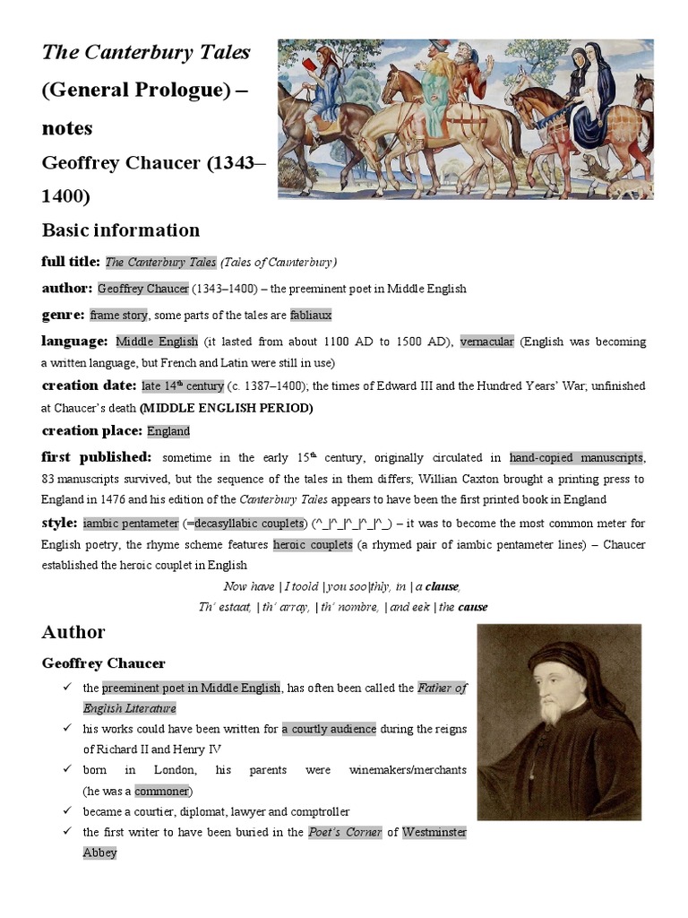(General Prologue) - Notes: The Canterbury Tales | PDF | The Canterbury ...