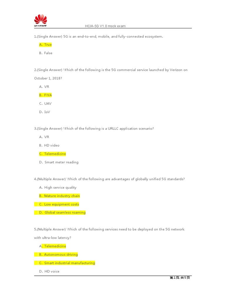 Hcia 5g v10 Mock Exam Compress | PDF | 4 G | Service Industries Hcia 5g v10 Mock Exam Compress | PDF | 4 G | Service Industries