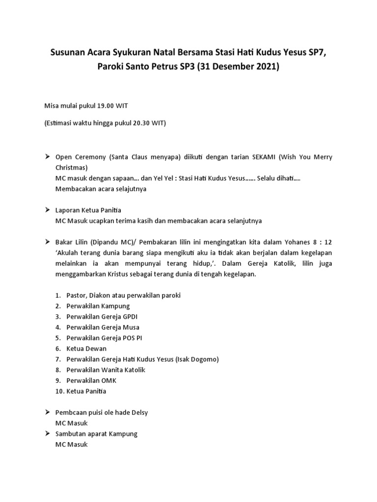 Susunan Acara Syukuran Natal Bersama Stasi Hati Kudus Yesus SP7 | PDF