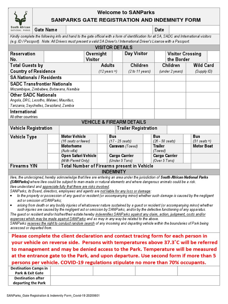 SANParks Gate Entry Form 20200607 | PDF | Indemnity | Vehicles