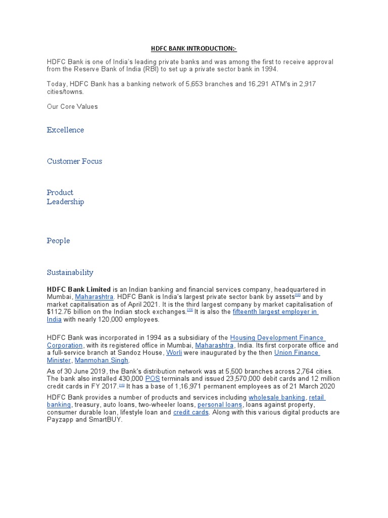HDFC Bank Introduction | PDF