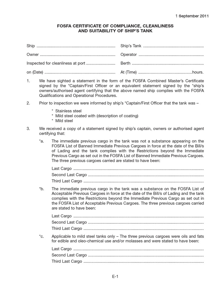 Fosfa Certificate of Compliance, Cleanliness and Suitability of Ship'S ...