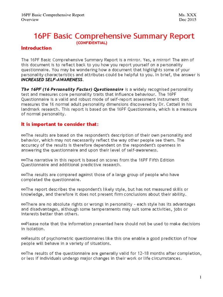16PF Basic Comprehensive Summary Report | PDF | Psychology ...