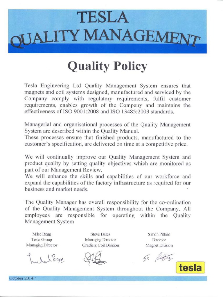 Tesla Quality Management - Quality Policy - Compressed | PDF