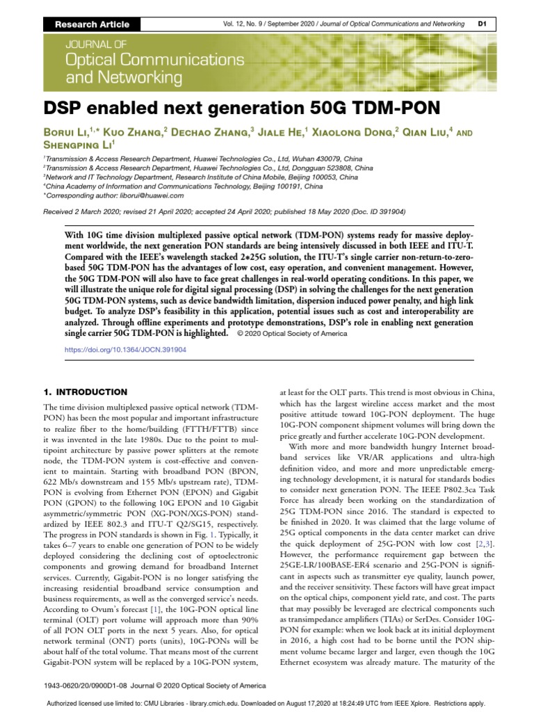 DSP Enabled Next Generation 50G TDM-PON | PDF | Fiber To The X | Low ...