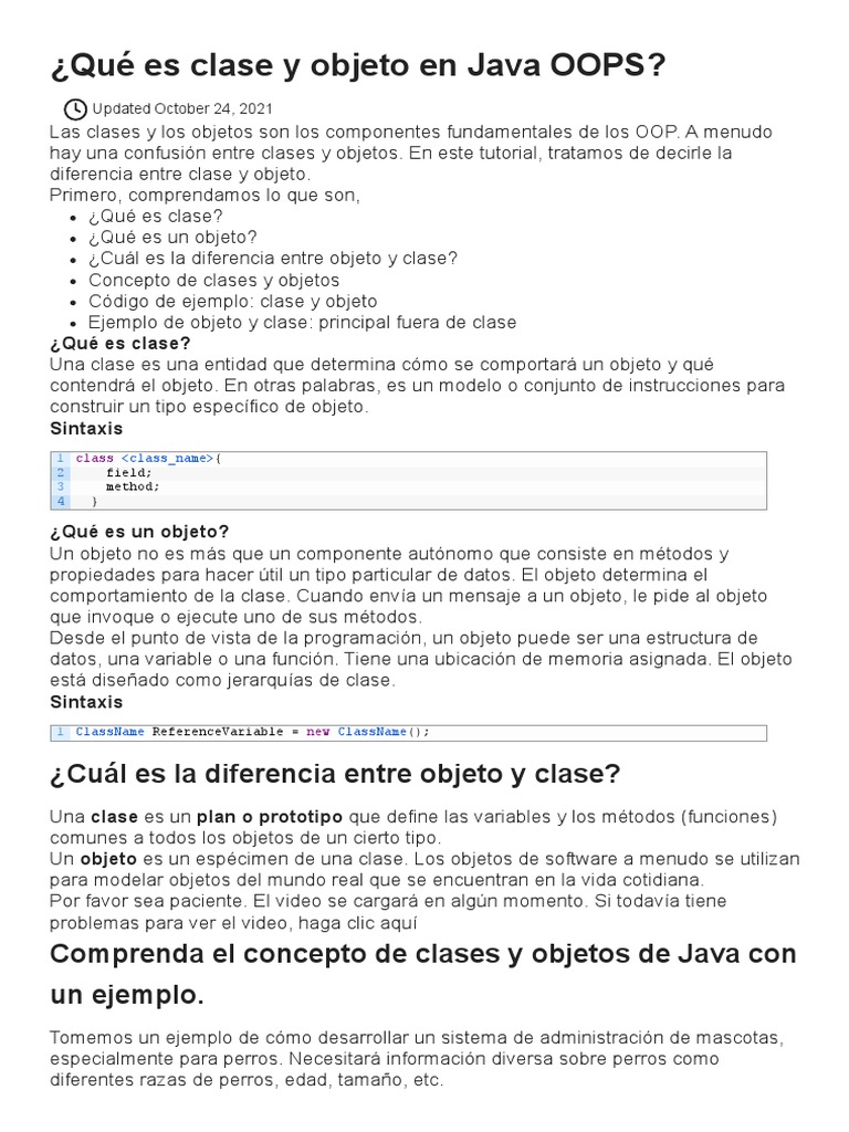 Qué Es Clase y Objeto en Java OOPS - Java | PDF | Objeto (informática ...