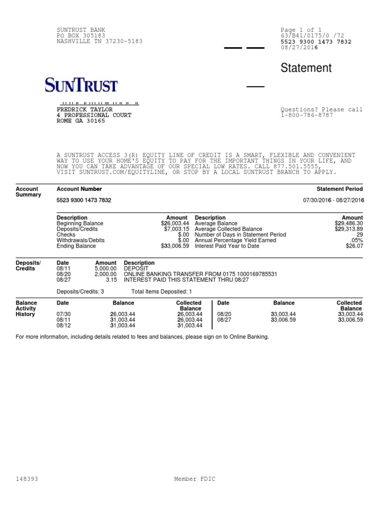 SunTrust Stat | PDF | Banks | Deposit Account