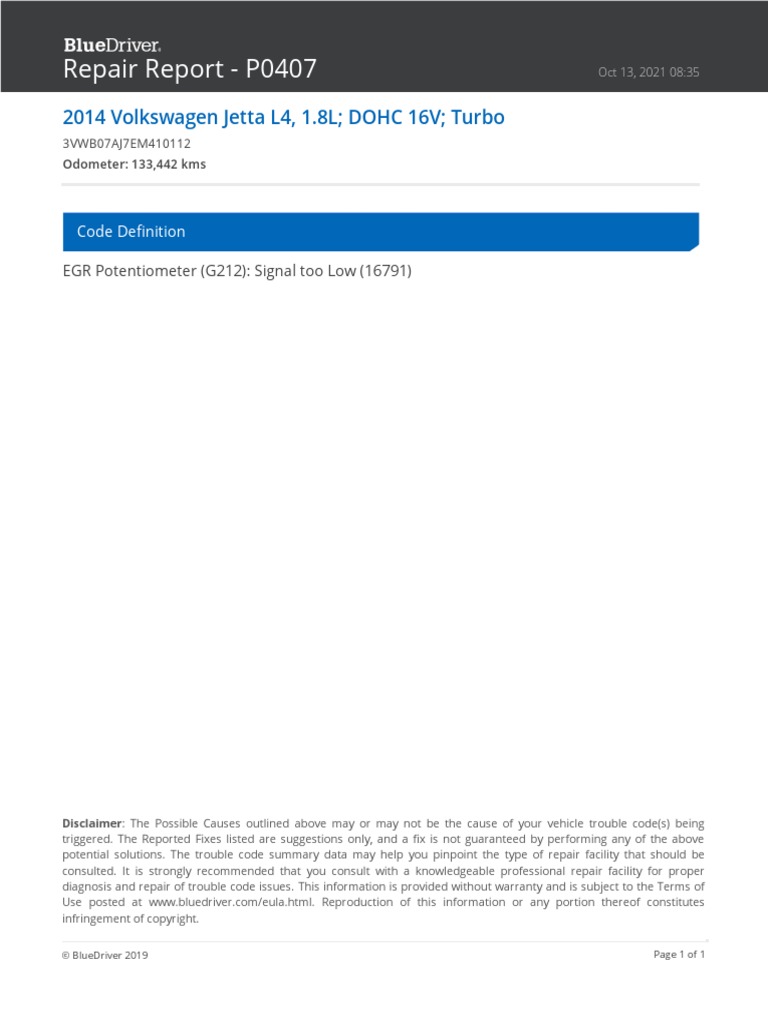 Repair Report - P0407: 2014 Volkswagen Jetta L4, 1.8L DOHC 16V Turbo ...