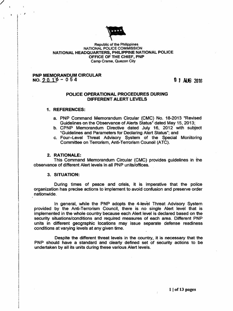 PNP MC 2016-054 - POP During Different Alert Levels | PDF
