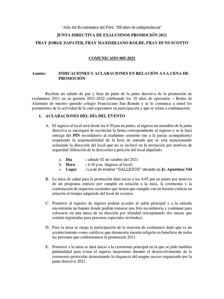 Comunicado 005-2021 Promoción 2011 | PDF