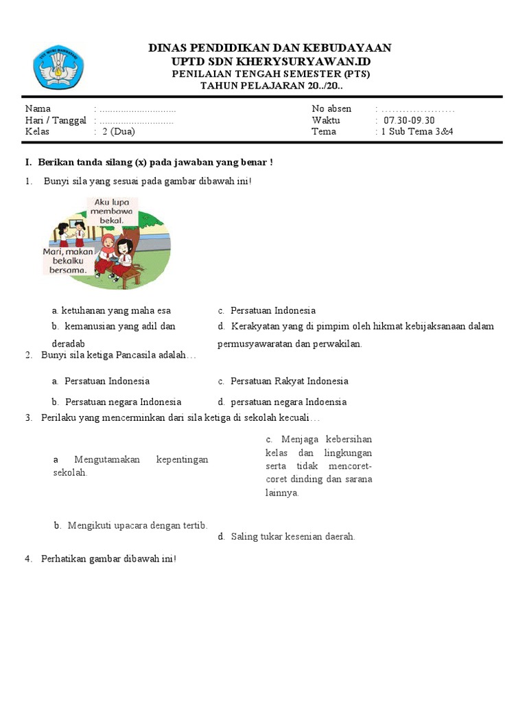 Soal PTS Kelas 2 Tema 1 Sub 3&4 - (WWW - Kherysuryawan.id) | PDF | Seni & Disiplin Bahasa