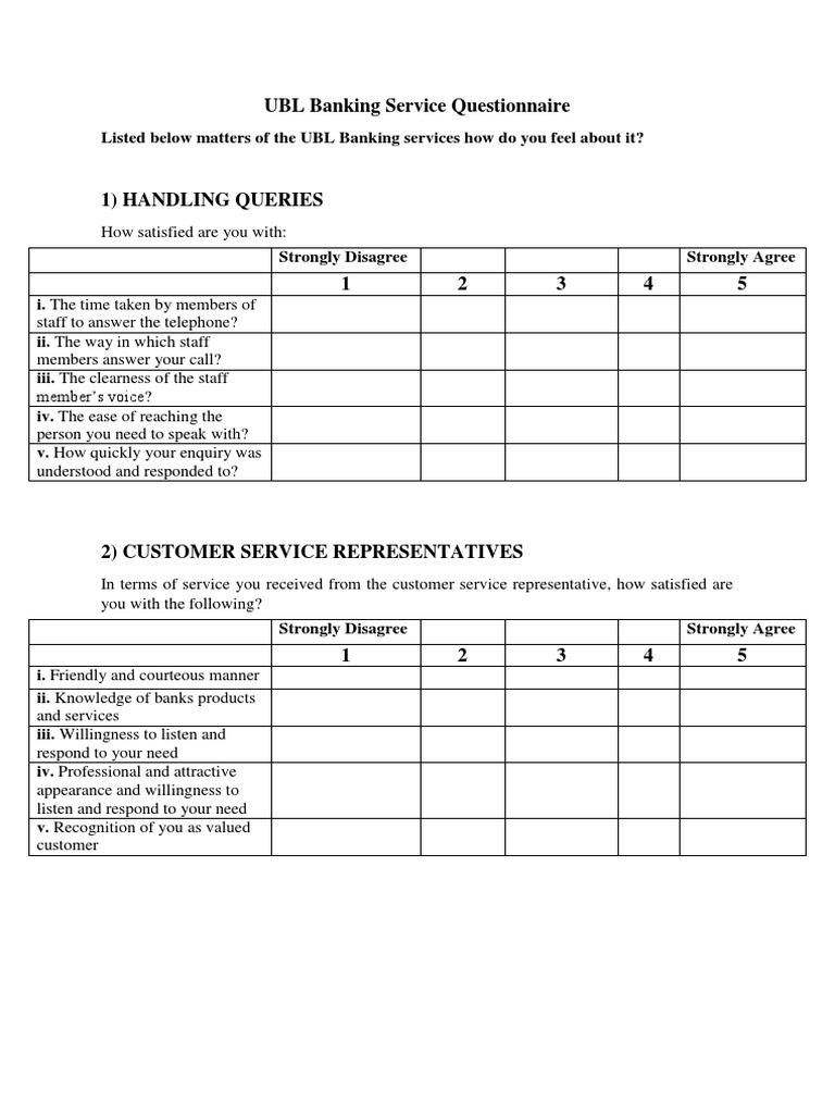 UBL Banking Service Questionnaire | PDF | Communication | Cognition