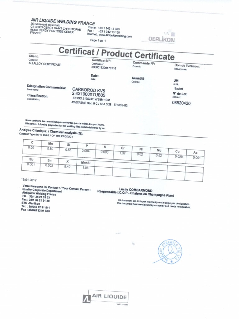 Consumable Material Certificate (ER80S-B2) | PDF