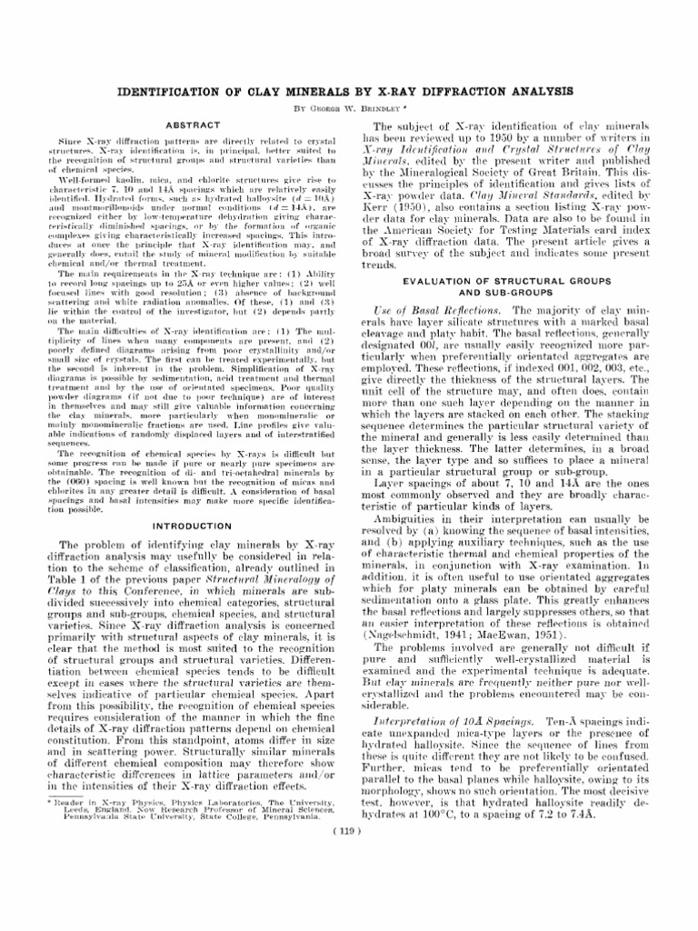 Identification of Clay Minerals by X-Ray Diffraction Analysis | PDF | X Ray Crystallography ...
