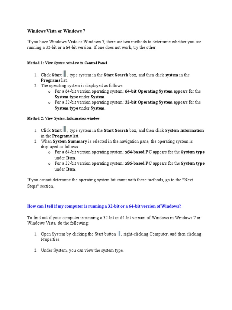 Windows Vista or Windows 7: Method 1: View System Window in Control Panel | PDF | 64 Bit ...