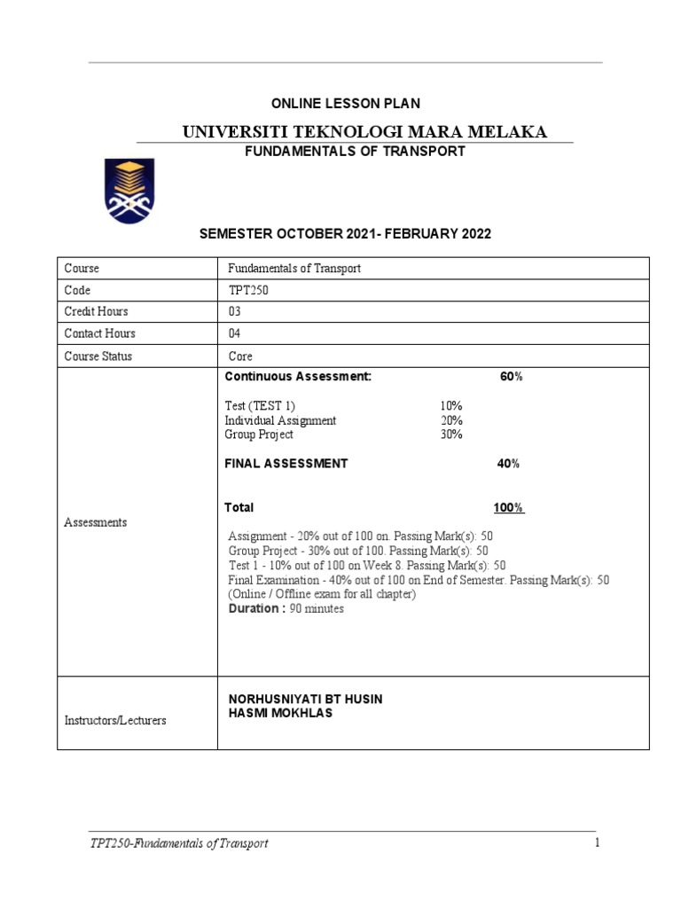 Universiti Teknologi Mara Melaka: Online Lesson Plan | PDF | Transport