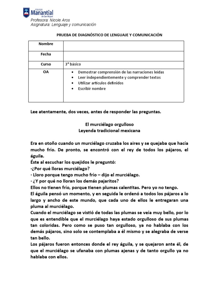 Prueba Diagnóstica de Lenguaje 3° Básico | PDF | Artes del Lenguaje y ...