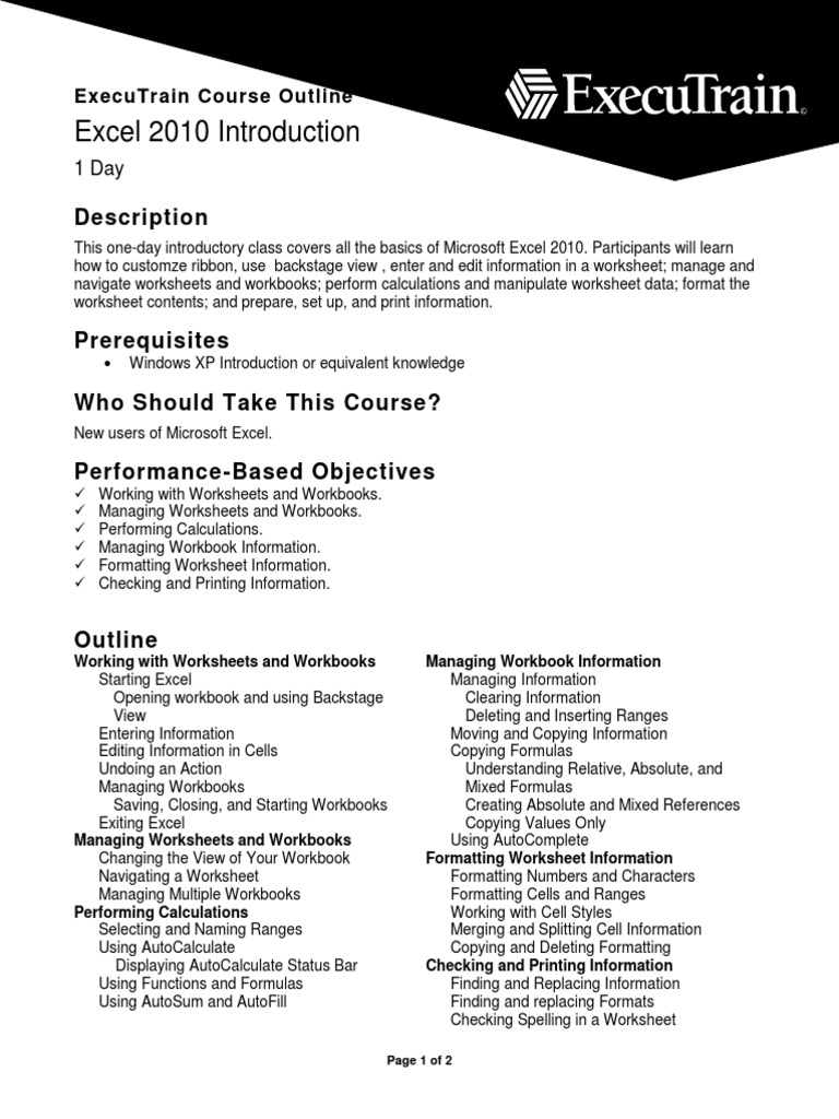 Outline Excel 2010 Introduction | PDF | Microsoft Excel | Worksheet