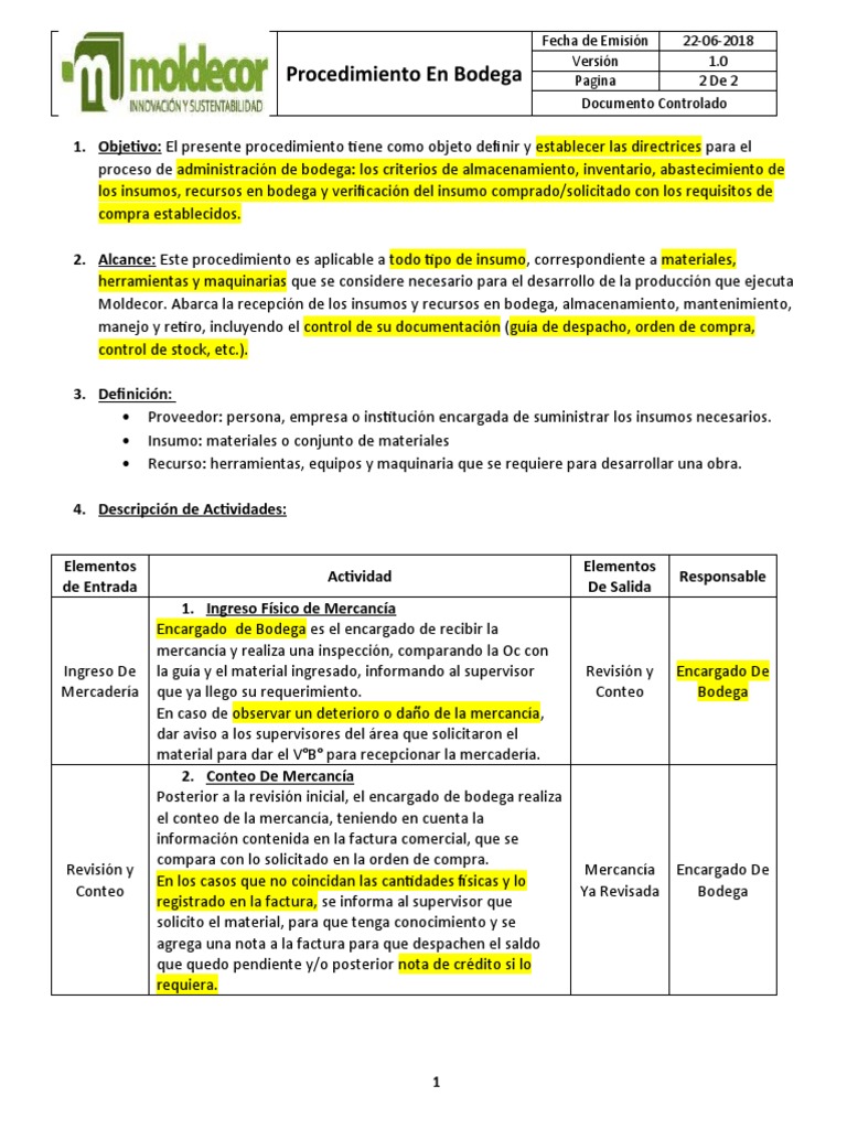 Procedimientos en Bodega 2.0 | PDF