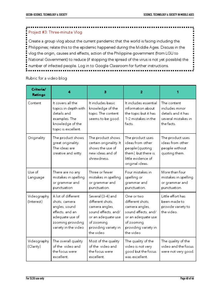 Project #3: Three-Minute Vlog: Criteria/ Ratings 4 3 2 1 | PDF ...