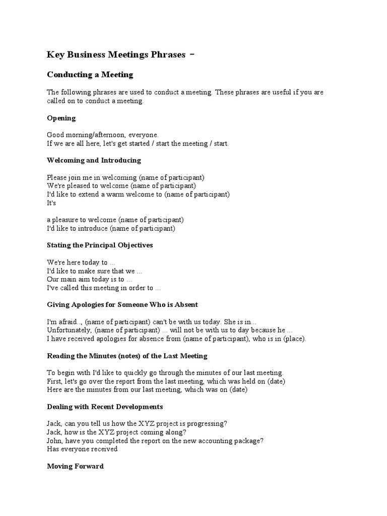 Key Business Meetings Phrases | PDF | Agenda (Meeting)