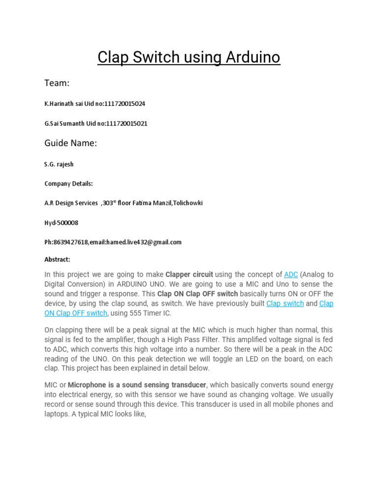 Clap Switch Using Arduino | PDF | Analog To Digital Converter | Amplifier