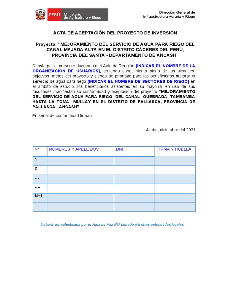 Acta de Aceptación Del Proyecto de Inversion | PDF Acta de Aceptación Del Proyecto de Inversion | PDF