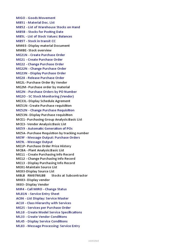 List of All SAP T-Codes | PDF | Point Of Sale | Supply Chain Management