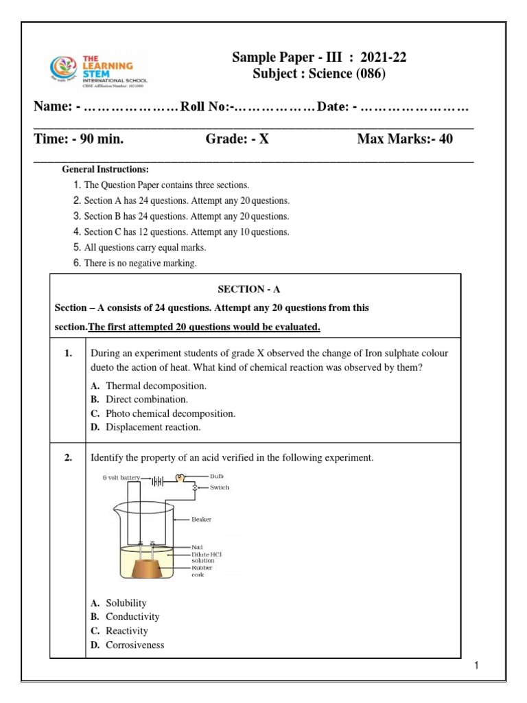 Sample Paper III (Science) - Question Paper | PDF | White Blood Cell ...