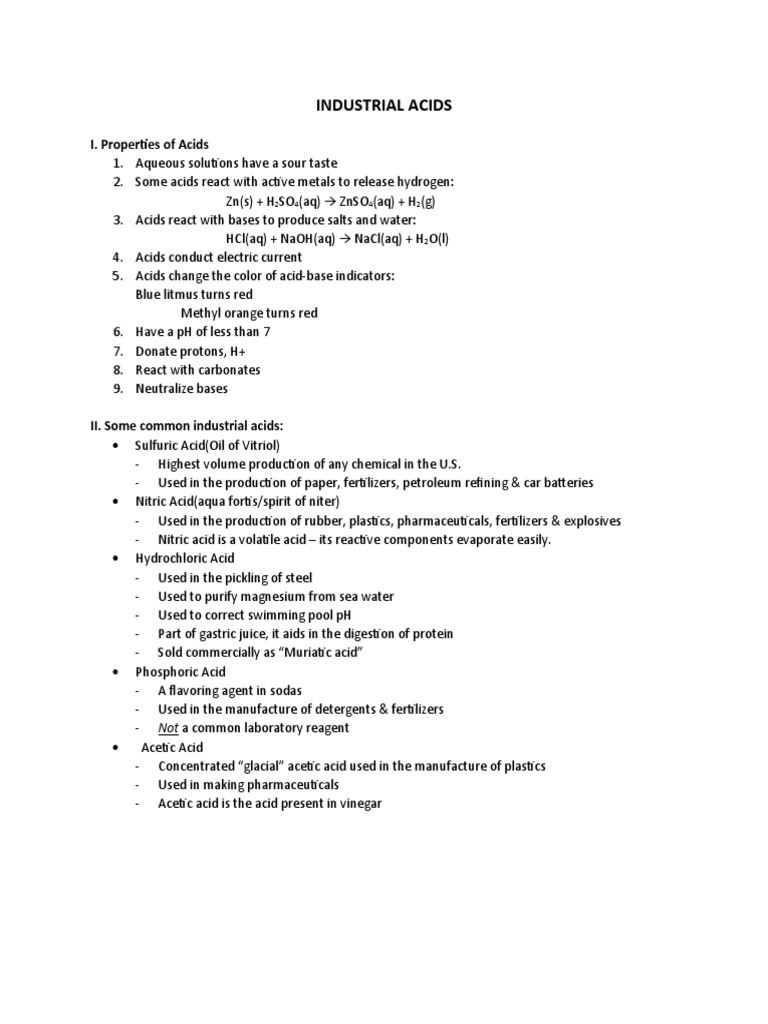 Industrial Acids and Bases Notes | PDF | Acid | Nitric Acid