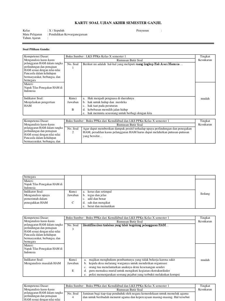 Kartu Soal PKN Kls X | PDF