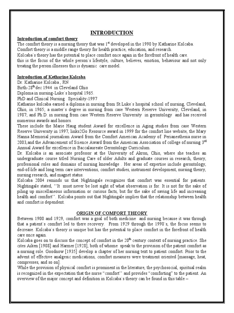 Katherine Kolcaba Theory of Comfort | PDF | Nursing | Pain