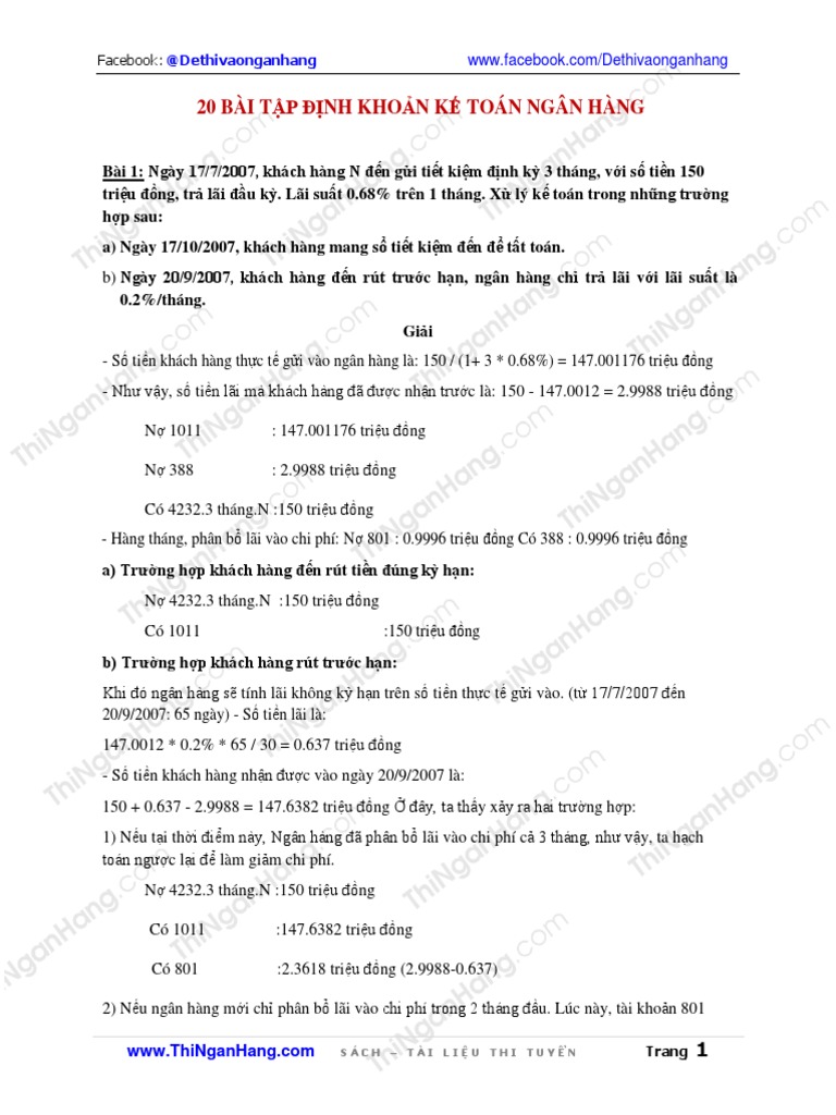 20 Bai Tap Dinh Khoan Ke Toan Ngan Hang Co Loi Giai | PDF