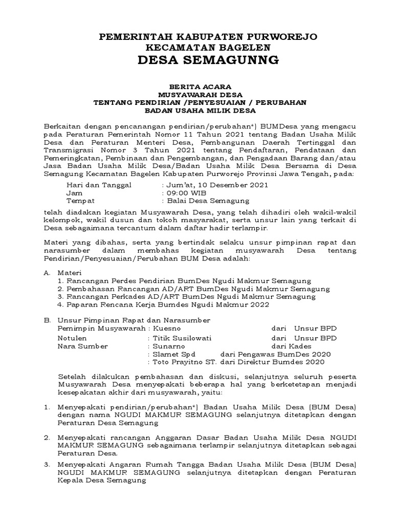 Berita Acara Musdes Pendirian BUM Desa | PDF