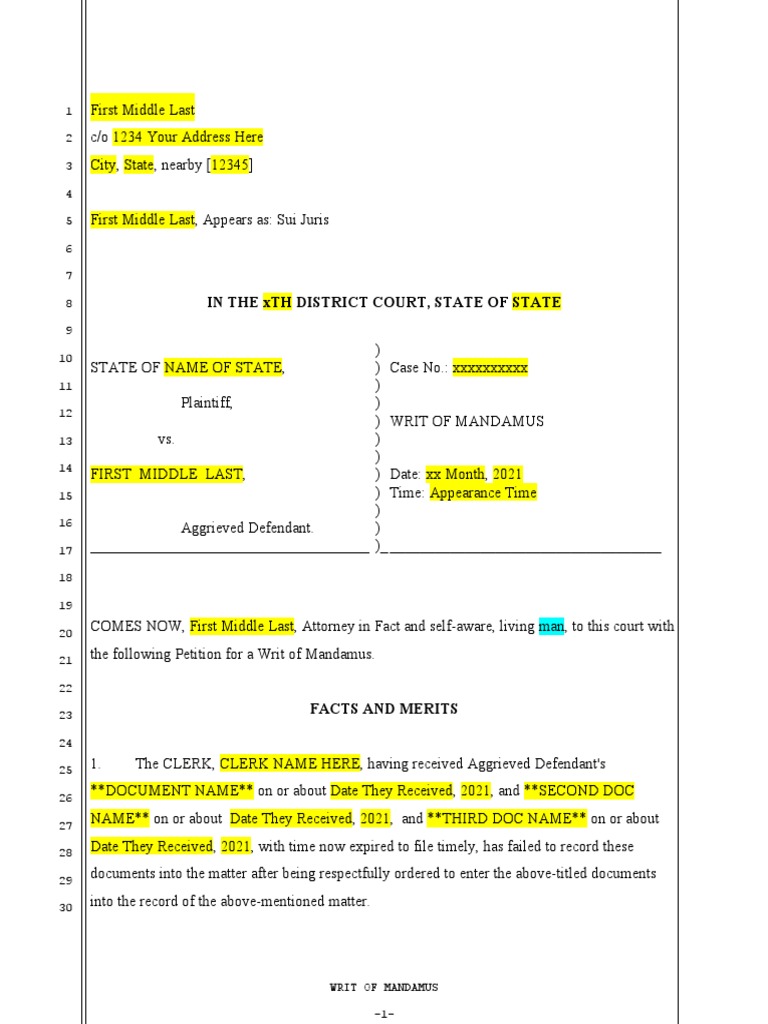 Writ of Man Damus Template | PDF | Writ | Mandamus