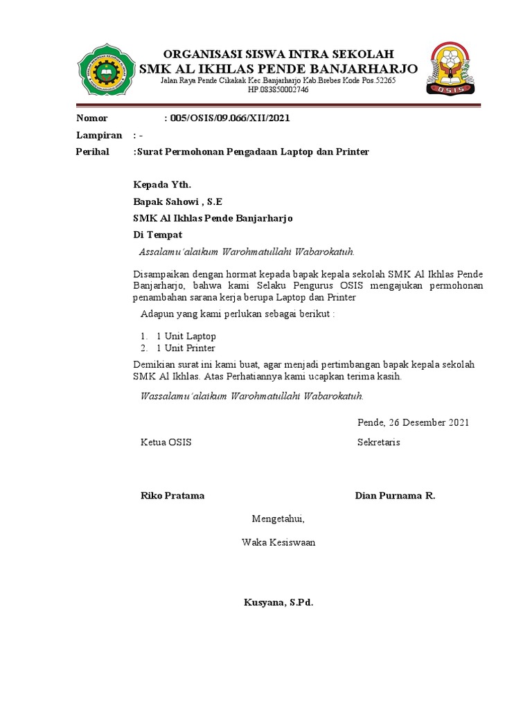 Surat Permohonan Pengadaan Laptop Dan Printer | PDF